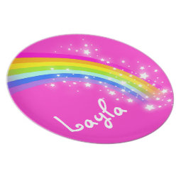 Name rainbow Layla pink girls kids plate | Zazzle