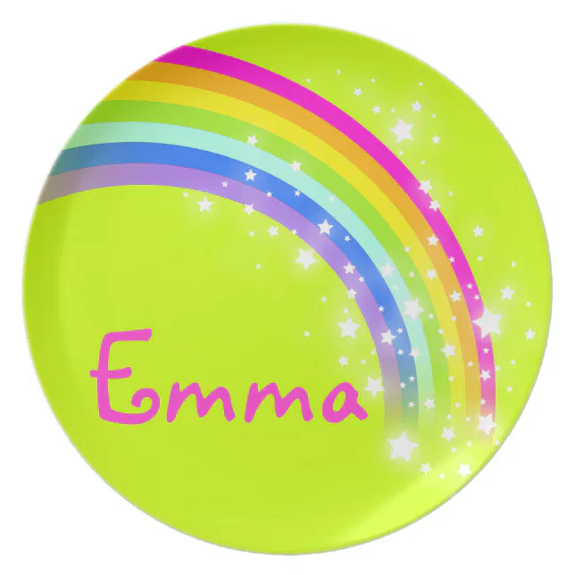 Name rainbow lime green pink Emma girls kids plate | Zazzle