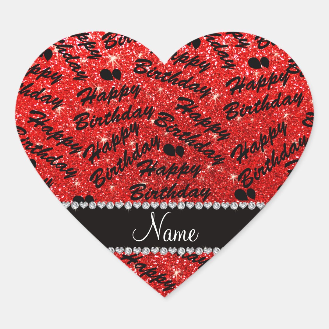 Name red glitter happy birthday balloons heart sticker | Zazzle