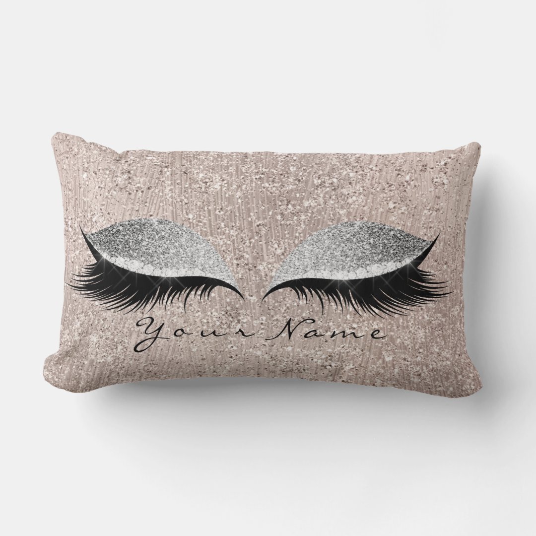 Name Silver Glitter Black Eyes Ivory Makeup Lashes Lumbar Pillow | Zazzle