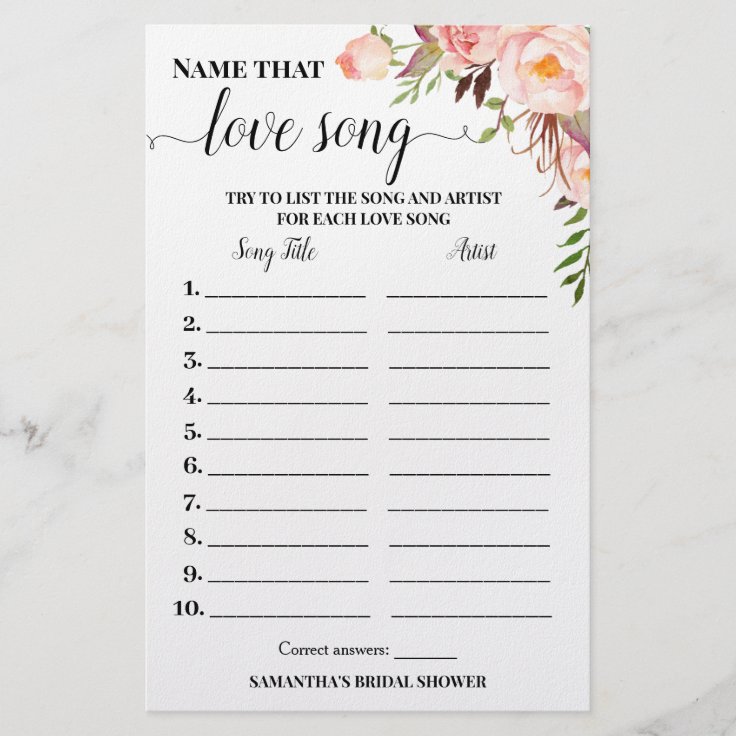 Name that Love Song Bridal Shower Pink Game Card Flyer | Zazzle
