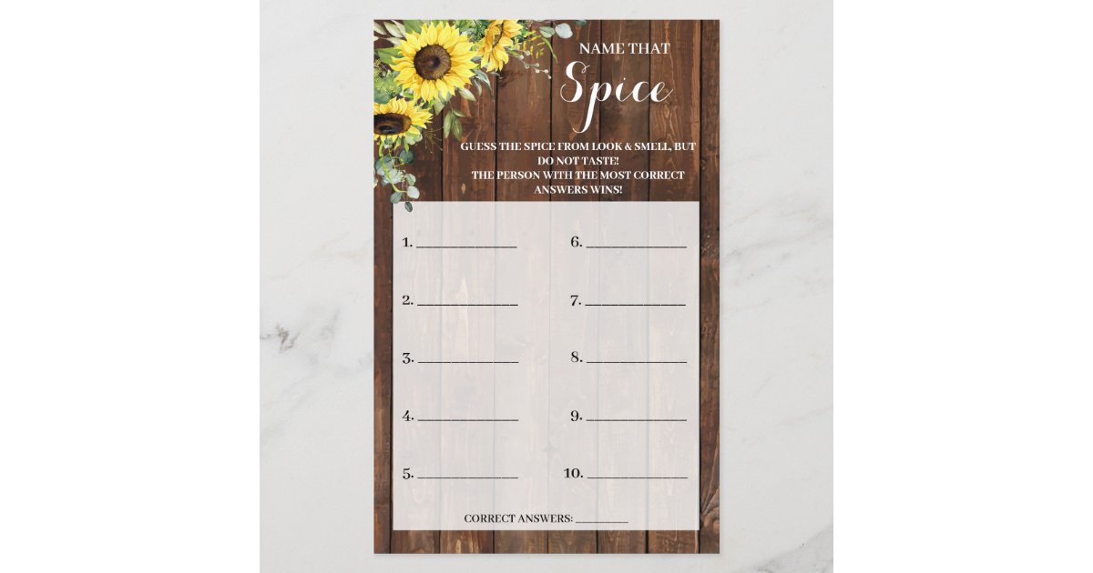 Name that Spice Sunflowers Bridal Shower Game Card Flyer | Zazzle