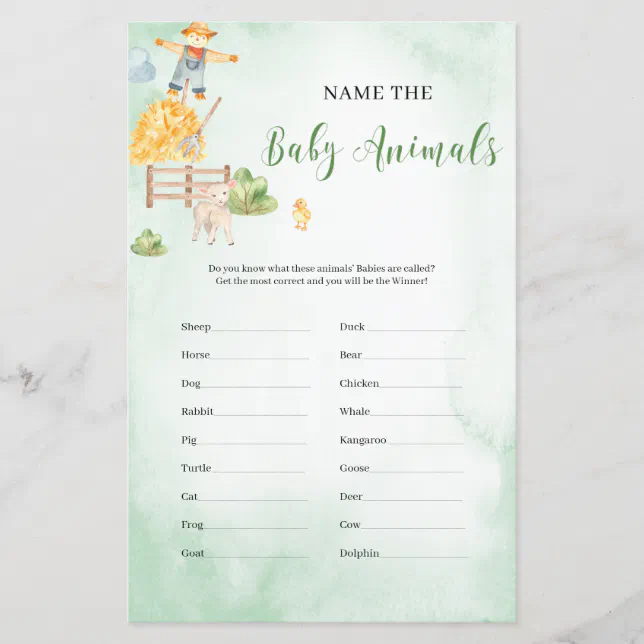 Name the baby animals baby shower game farm | Zazzle