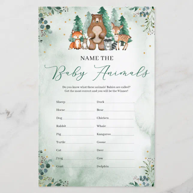 Name the baby animals game woodland greenery | Zazzle