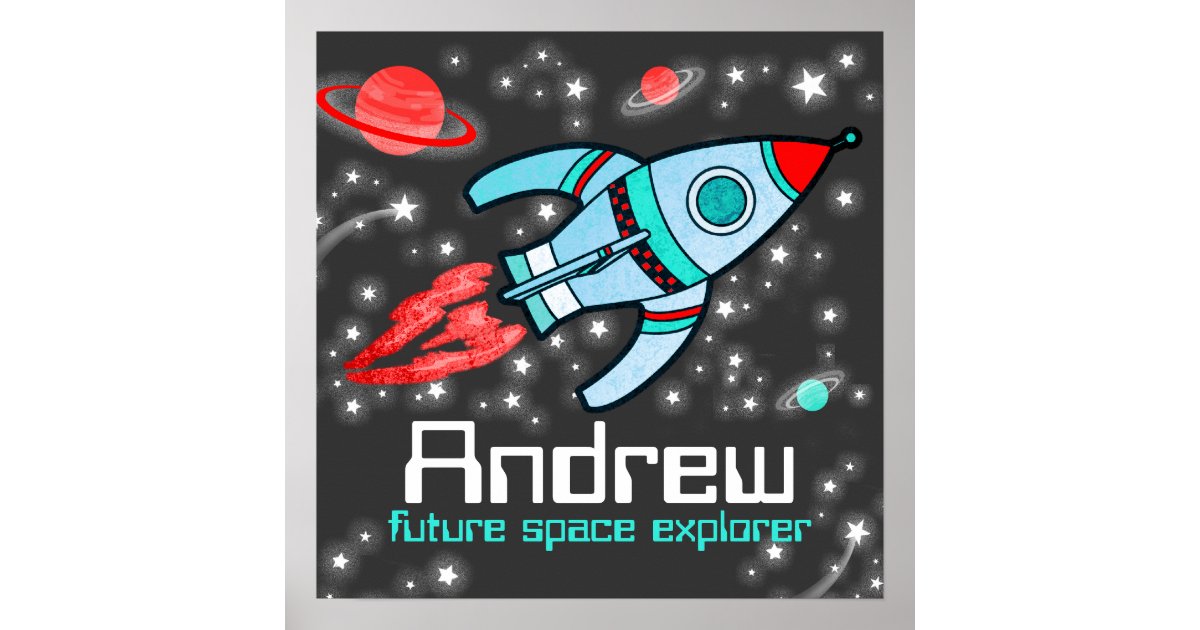 Named rocket space boys grey red poster | Zazzle