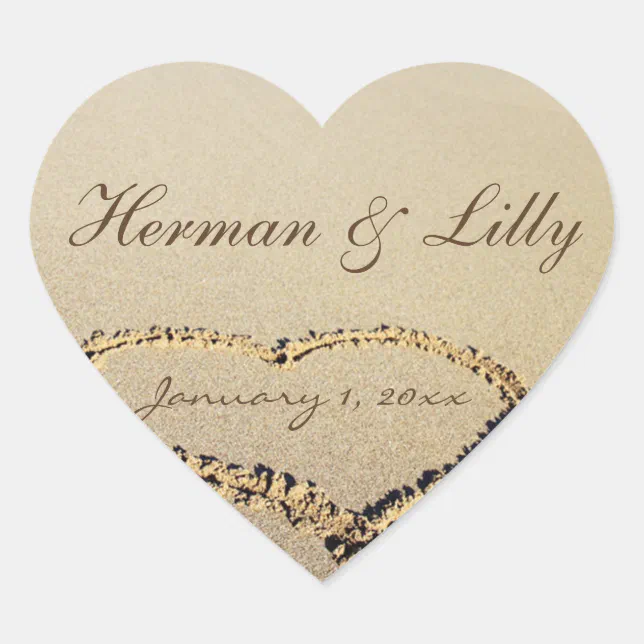 Names In The Sand Personalized Wedding Heart Sticker | Zazzle