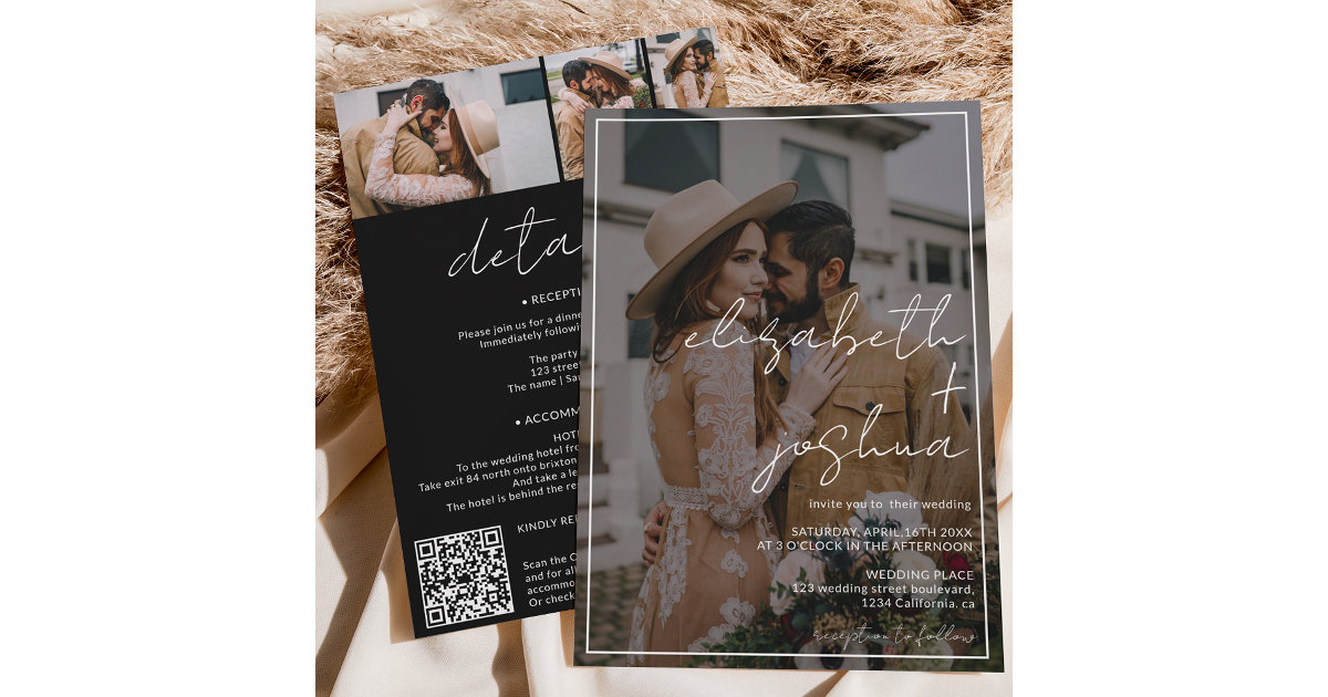 Names script frame black 4 photo all in 1 wedding invitation | Zazzle