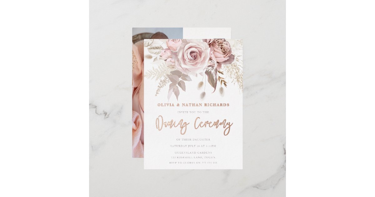 Naming Ceremony Dusty Rose Floral Rose Gold Foil Invitation Postcard ...
