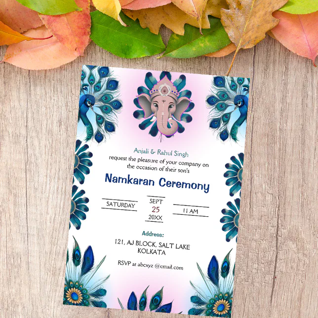 Namkaran Naming Ceremony with Peacock Ganesha Logo Invitation | Zazzle