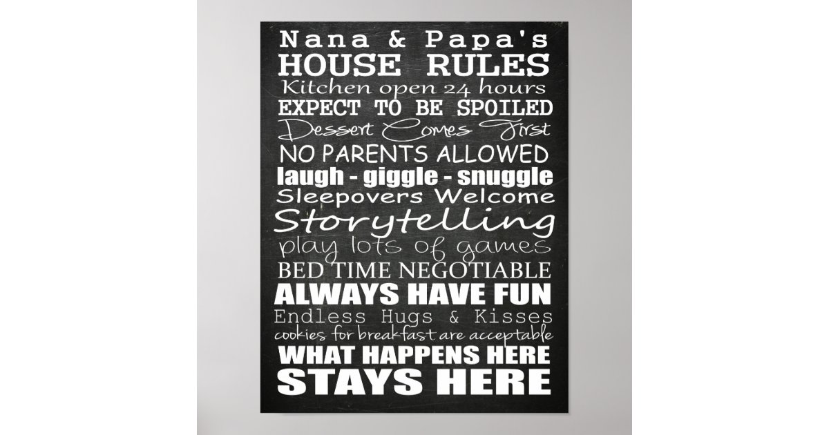 Nana & Papa's House Rules Chalkboard Poster | Zazzle