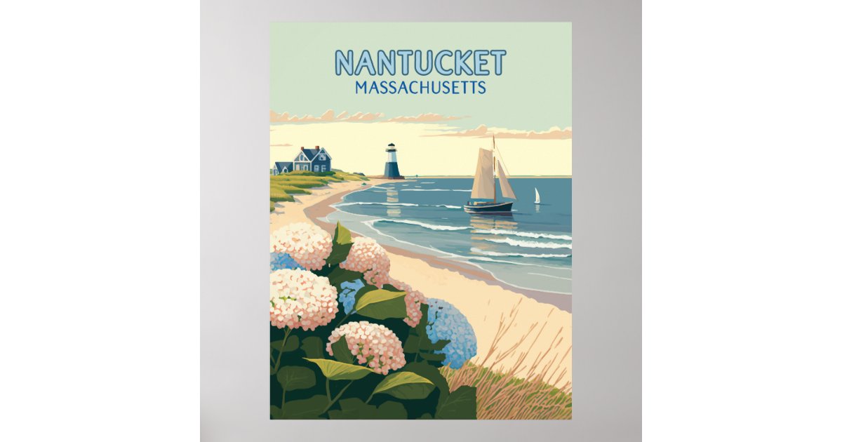 Nantucket Beach Hydrangeas Lighthouse Boat Retro Poster | Zazzle