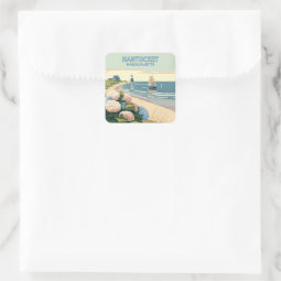 Nantucket Beach Hydrangeas Lighthouse Boat Retro Square Sticker | Zazzle