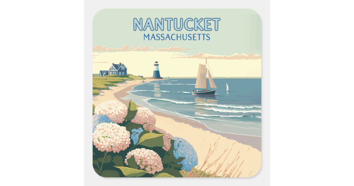 Nantucket Beach Hydrangeas Lighthouse Boat Retro Square Sticker | Zazzle