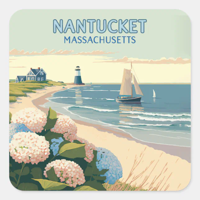 Nantucket Beach Hydrangeas Lighthouse Boat Retro Square Sticker | Zazzle