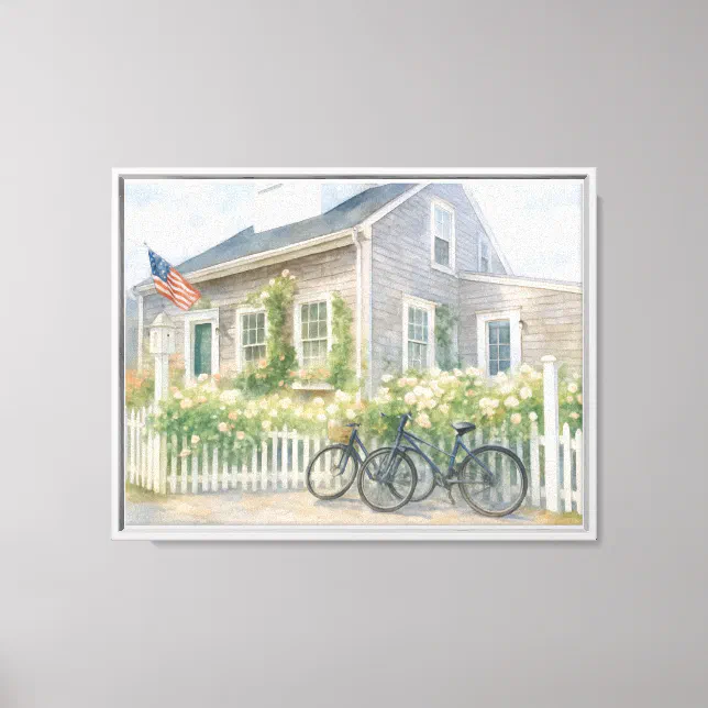 Nantucket Coastal Cottage with Flowers Watercolor Canvas Print | Zazzle