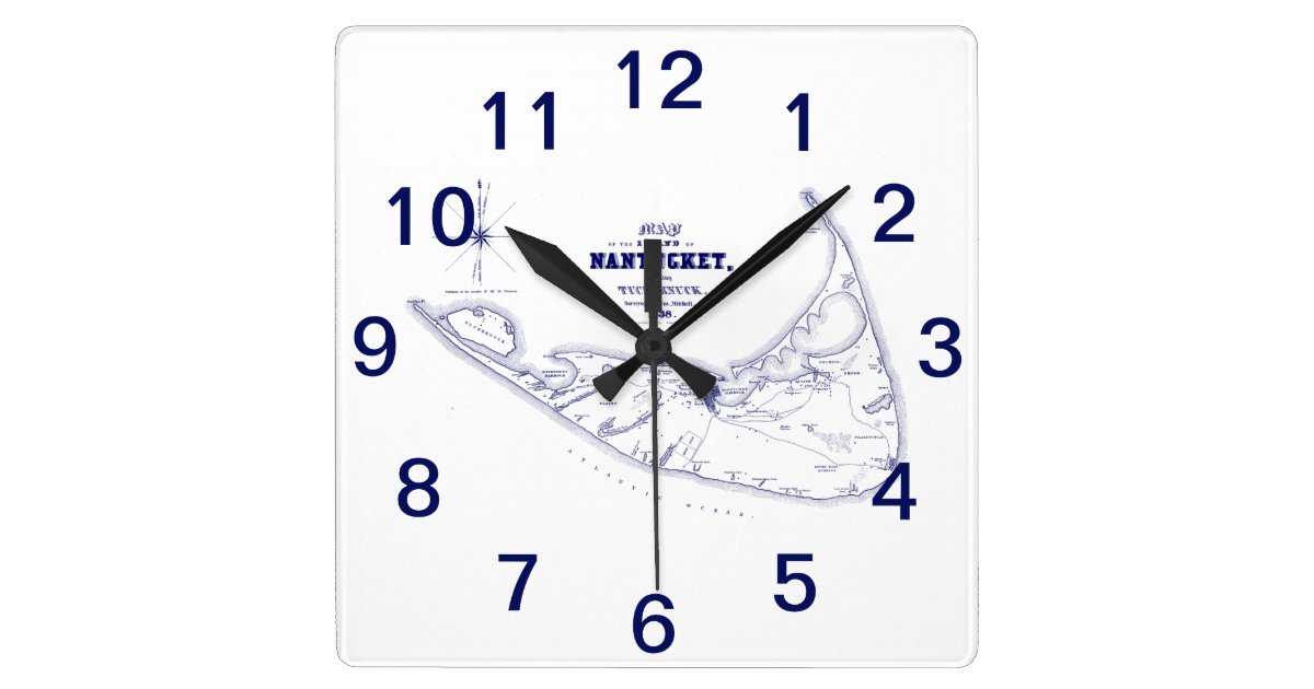 Nantucket Island MA Vintage Map Navy Blue Square Wall Clock | Zazzle.com