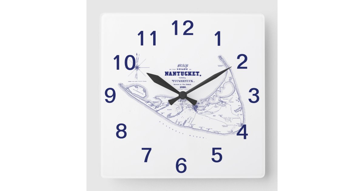 Nantucket Island MA Vintage Map Navy Blue Square Wall Clock | Zazzle