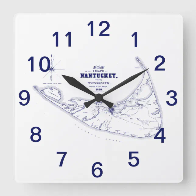 Nantucket Island MA Vintage Map Navy Blue Square Wall Clock | Zazzle