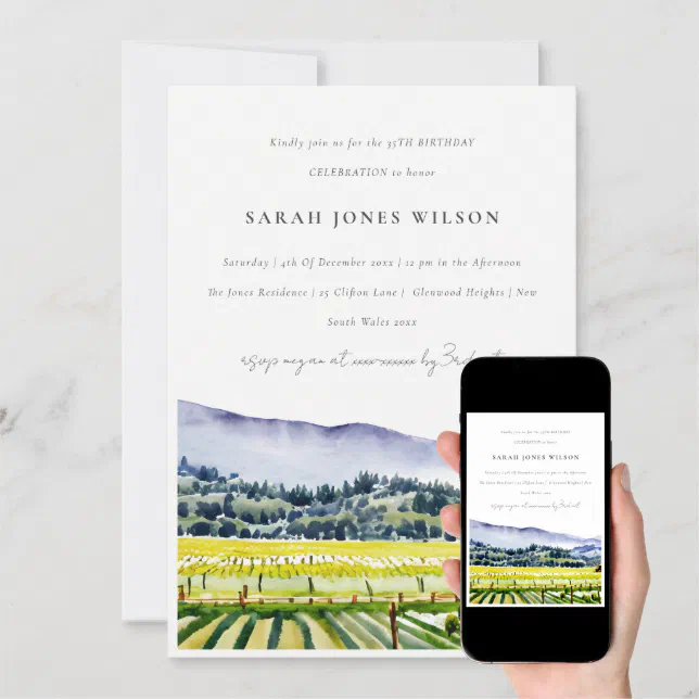 Napa Valley Watercolor Vineyard Landscape Birthday Invitation | Zazzle