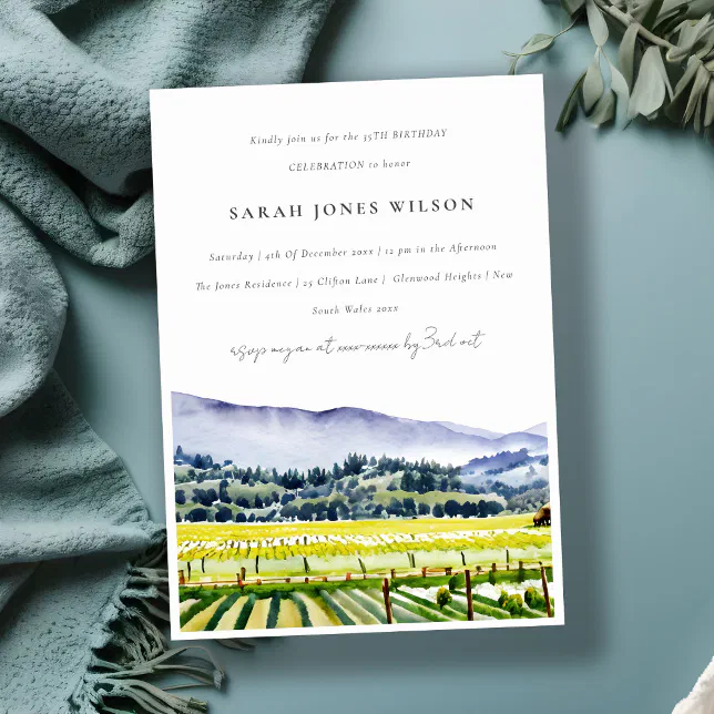 Napa Valley Watercolor Vineyard Landscape Birthday Invitation | Zazzle