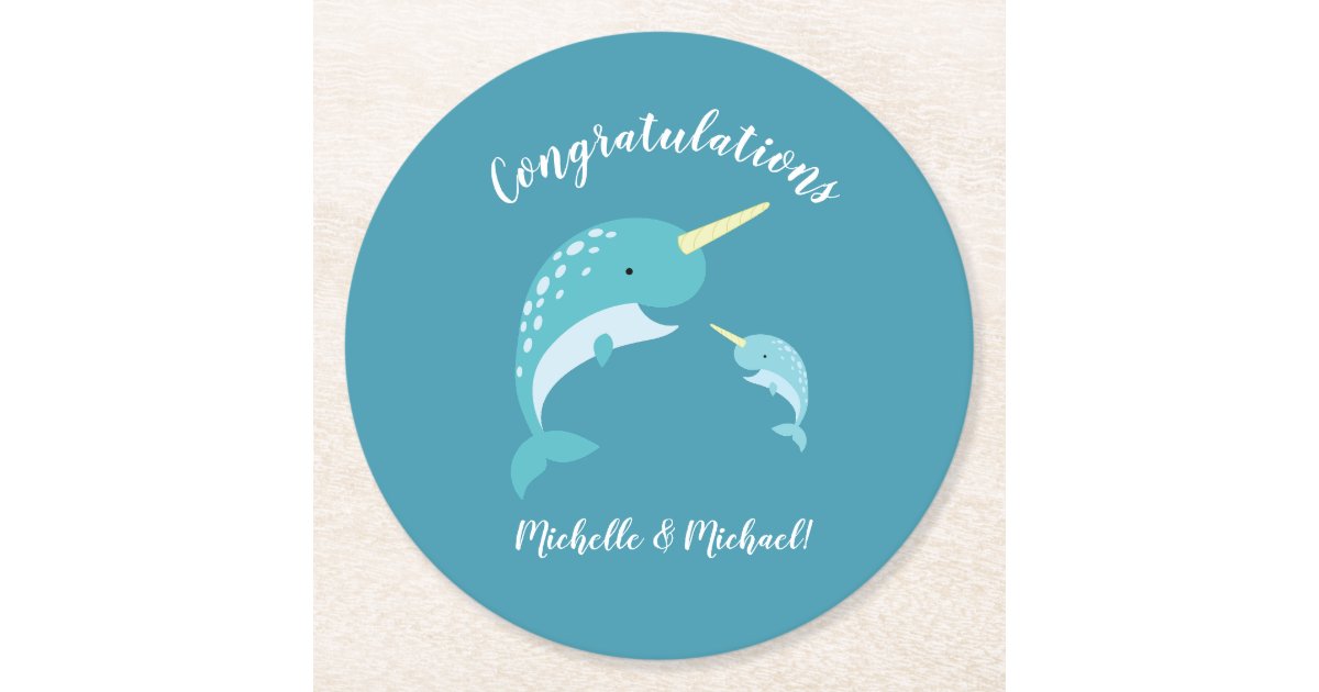 Narwhal Baby Shower Yellow Gender Neutral Whale Round Paper Coaster ...