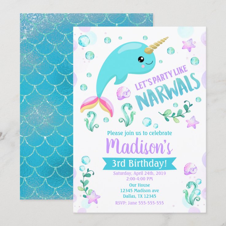 Narwhal Birthday Invitation Magical Party | Zazzle