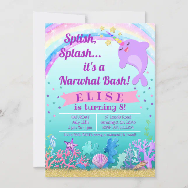 Narwhal Birthday Invitation, Narwhal Pool Party Invitation | Zazzle