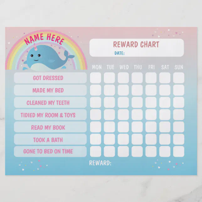 Narwhal Girl Reward Chart Personalised Planner Flyer | Zazzle