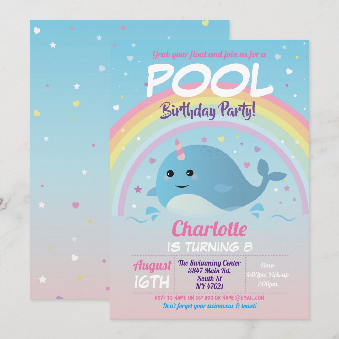 Narwhale Pool Party Birthday Beach Float Narwhal Invitation | Zazzle