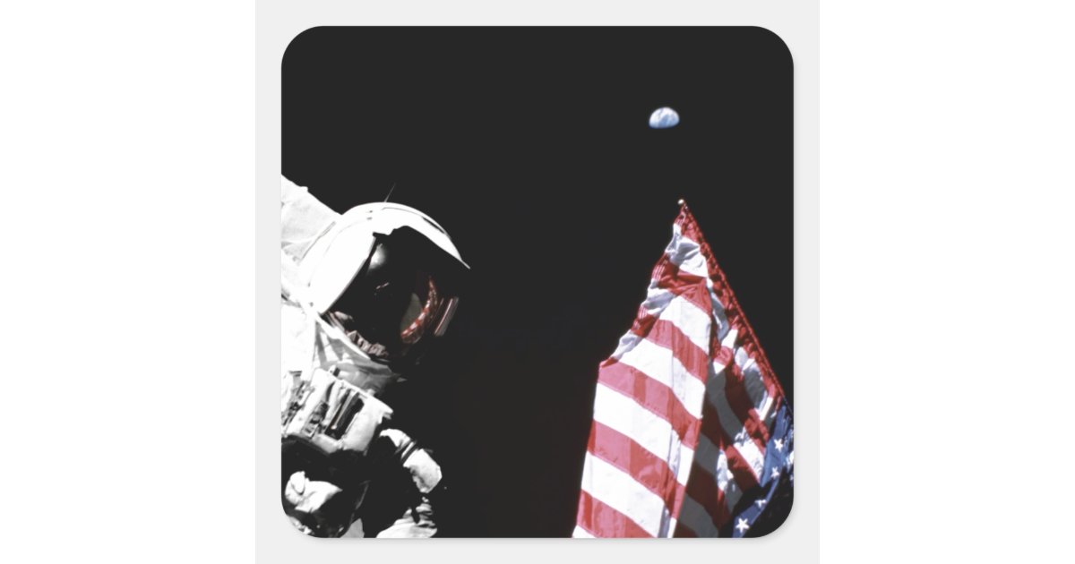 NASA Apollo 17 Astronaut Flag Earth Moon Photo Square Sticker | Zazzle