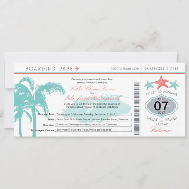 Nassau Bahamas Wedding Boarding Pass Invitation | Zazzle