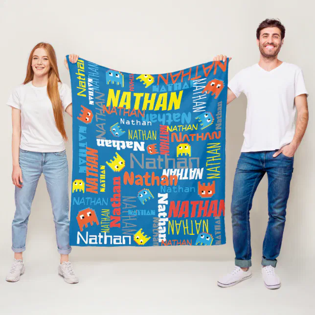 Nathan custom name pixel gaming character graphic fleece blanket | Zazzle