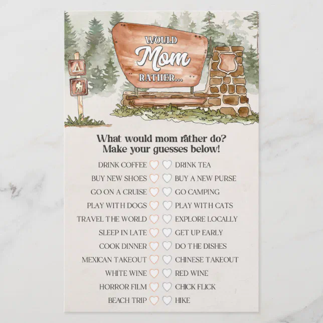 national park would mom rather baby shower game | Zazzle