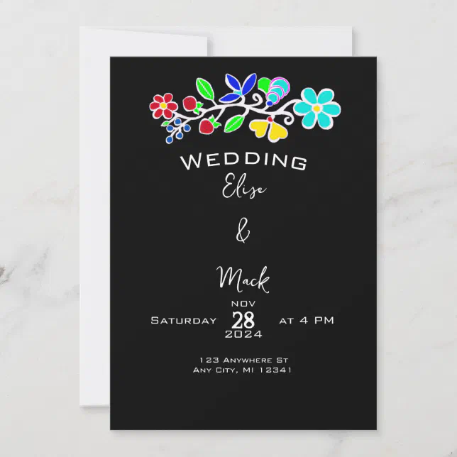 Native American Anishinaabe Floral Black Wedding Invitation | Zazzle
