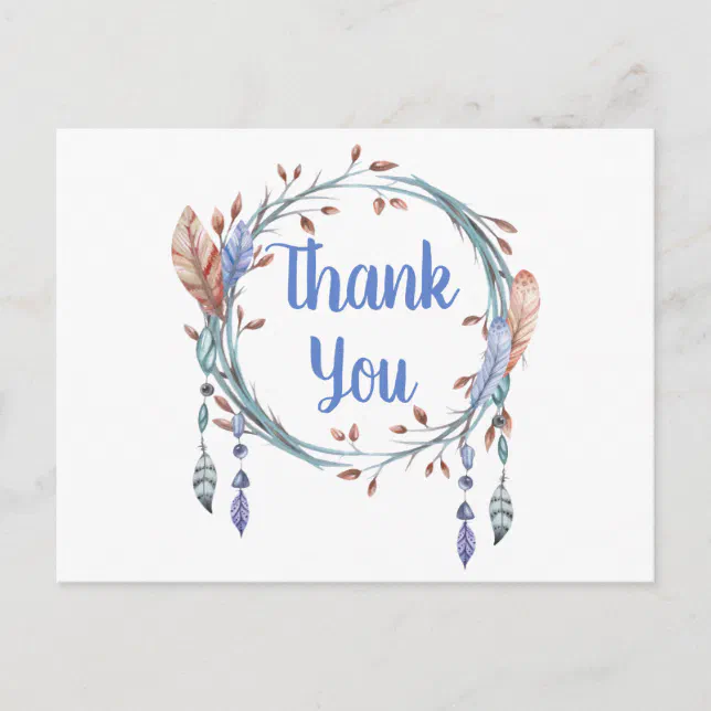 Native American Blue Tribal Feather Boho Thank You Postcard | Zazzle