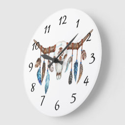 Native American Bull Skull Painting Large Clock | Zazzle
