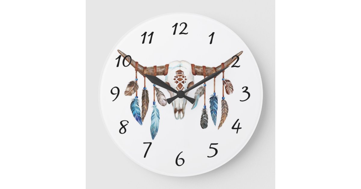 Native American Bull Skull Painting Large Clock | Zazzle