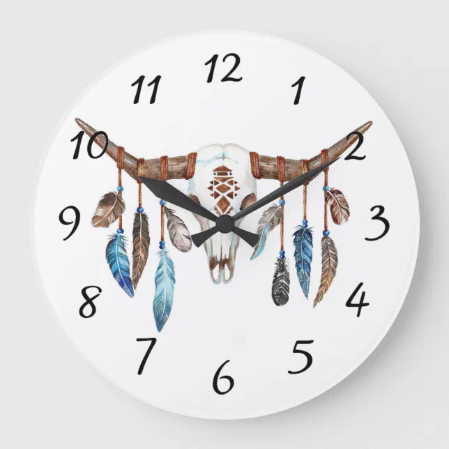 Native American Bull Skull Painting Large Clock | Zazzle