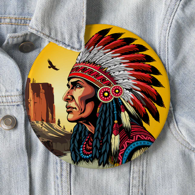 Native American Chief on wild Landscape Sunset Button | Zazzle