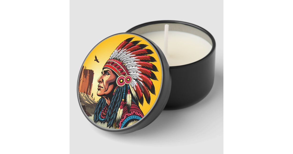 Native American Chief on wild Landscape Sunset Mini Candle Favors | Zazzle