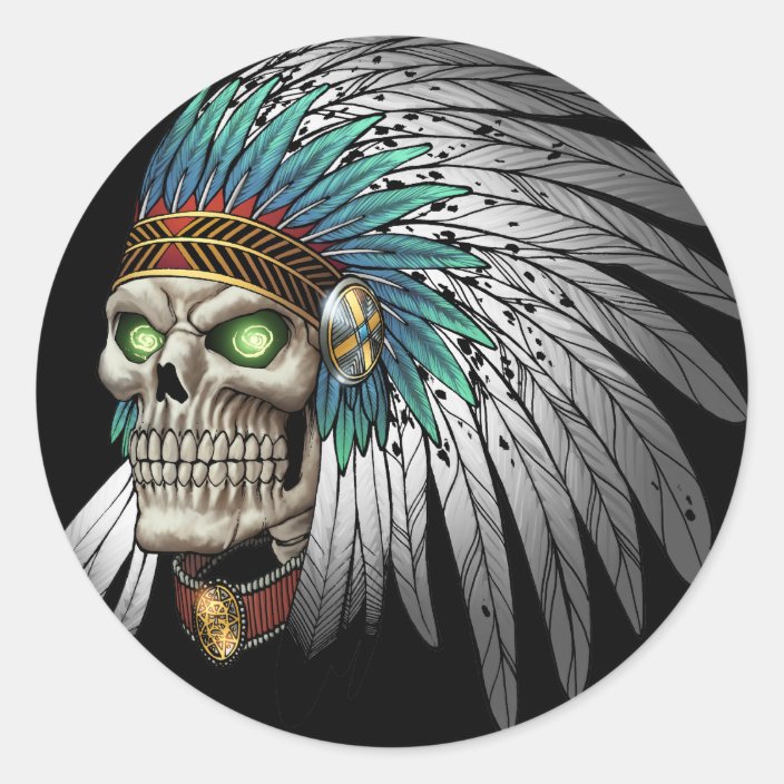 Native American Indian Tribal Gothic Skull Classic Round Sticker ...