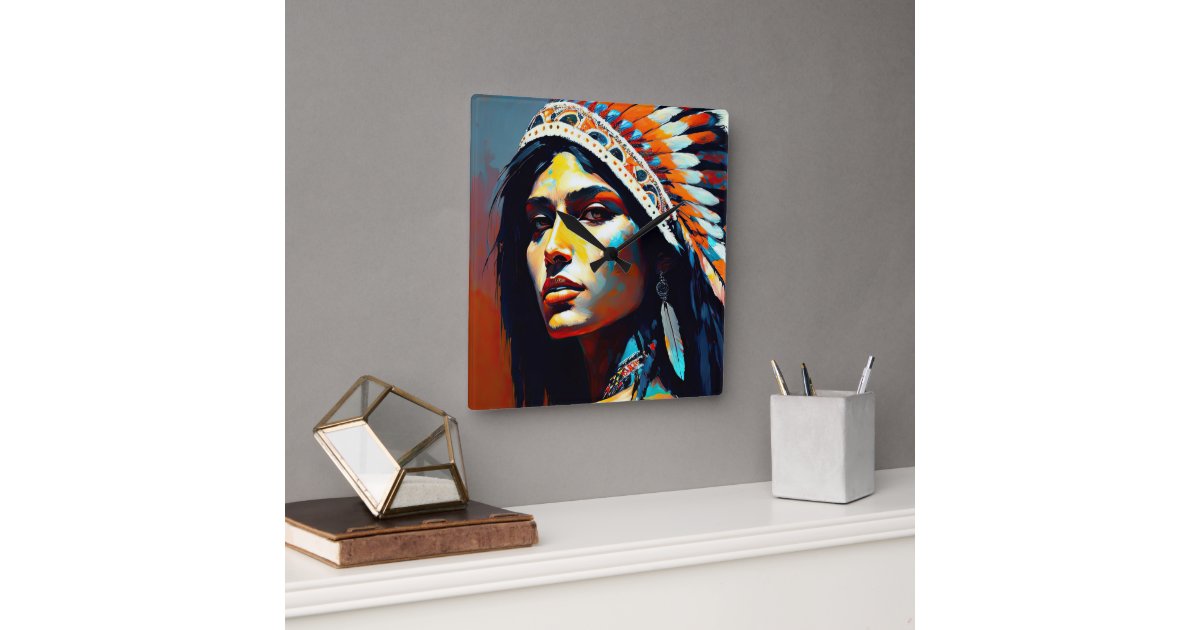 Native American Warrior Princess Square Wall Clock | Zazzle