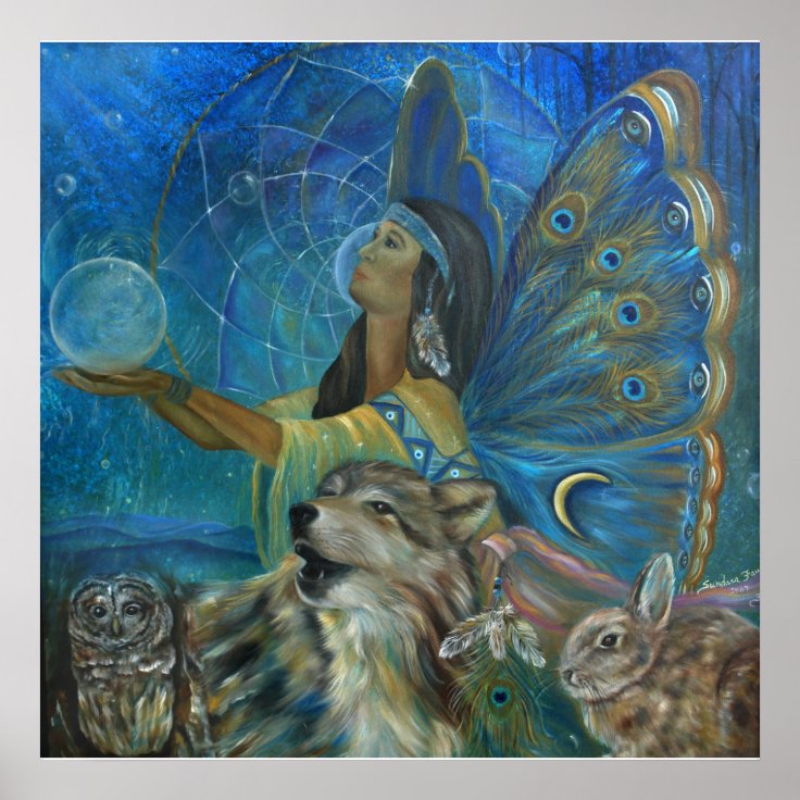 Native american wolf owl rabbit painting poster | Zazzle