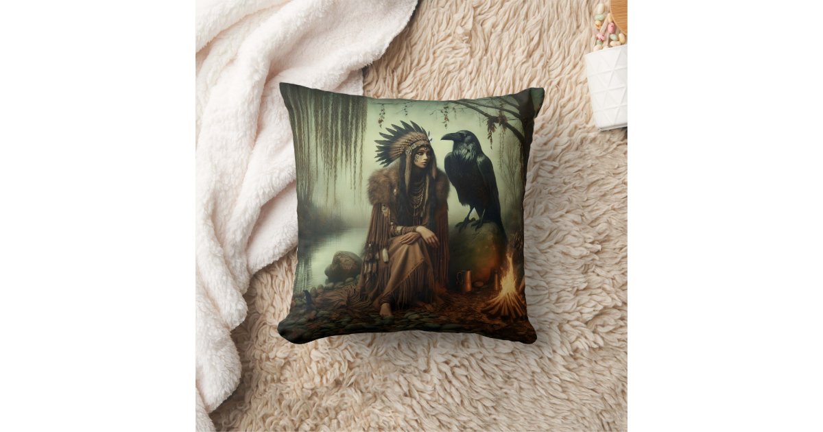 Native American Woman Sitting by River With Raven Throw Pillow | Zazzle