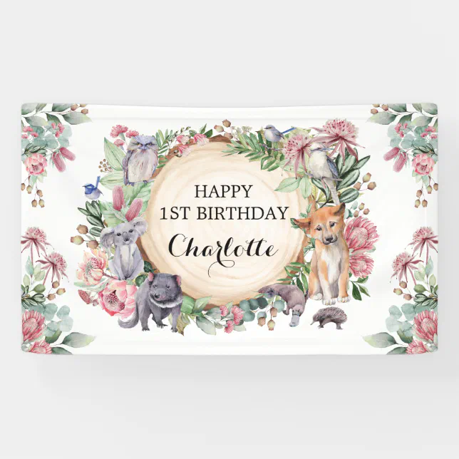 Native Australian Animals Floral Happy Birthday Banner | Zazzle