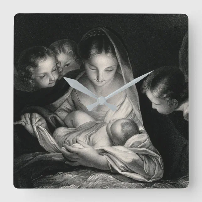 Nativity Baby Jesus Virgin Mary Angels Black White Square Wall Clock ...
