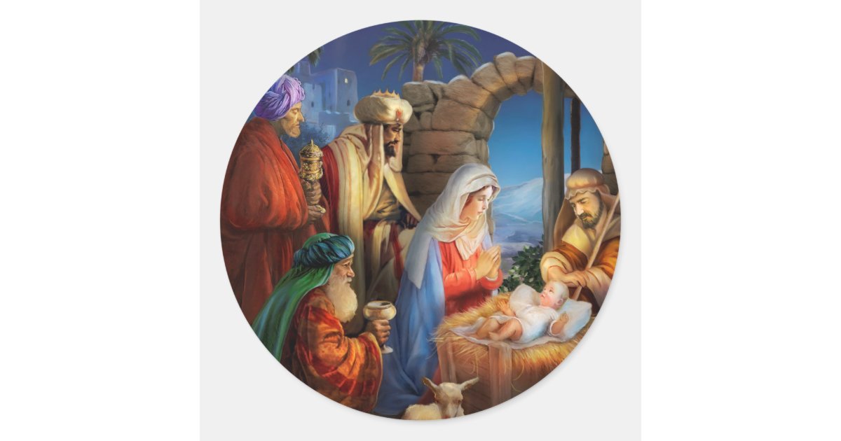 Nativity holiday scene classic round sticker | Zazzle