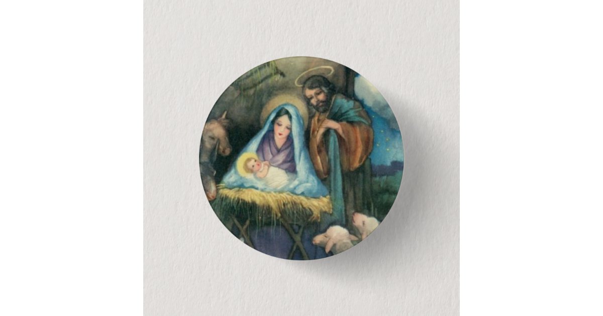Nativity Manger Stable, Vintage Christmas Art Pin | Zazzle