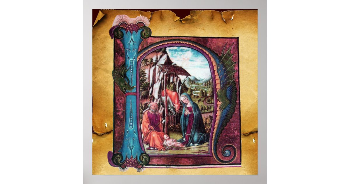 NATIVITY MONOGRAM CHRISTMAS PARCHMENT POSTER | Zazzle