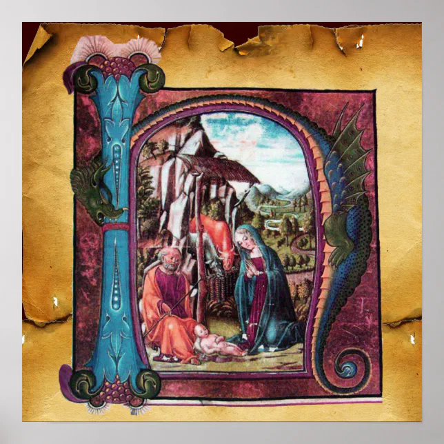 NATIVITY MONOGRAM CHRISTMAS PARCHMENT POSTER | Zazzle